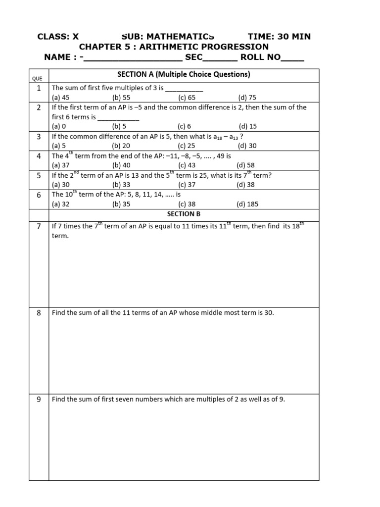 AP Worksheet for Class X Mathematics | PDF