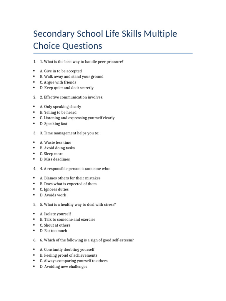 Life Skills Quiz for Secondary Students | PDF