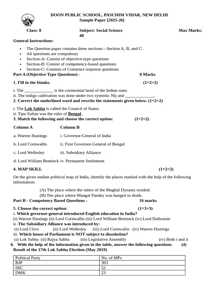 Sample Question Paper Class 8 | PDF | Government Of India