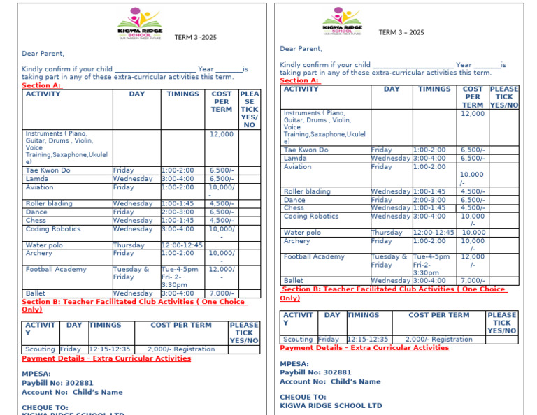 Extra Curricular Activities Form - Preparatory Term 3 2025 | PDF ...