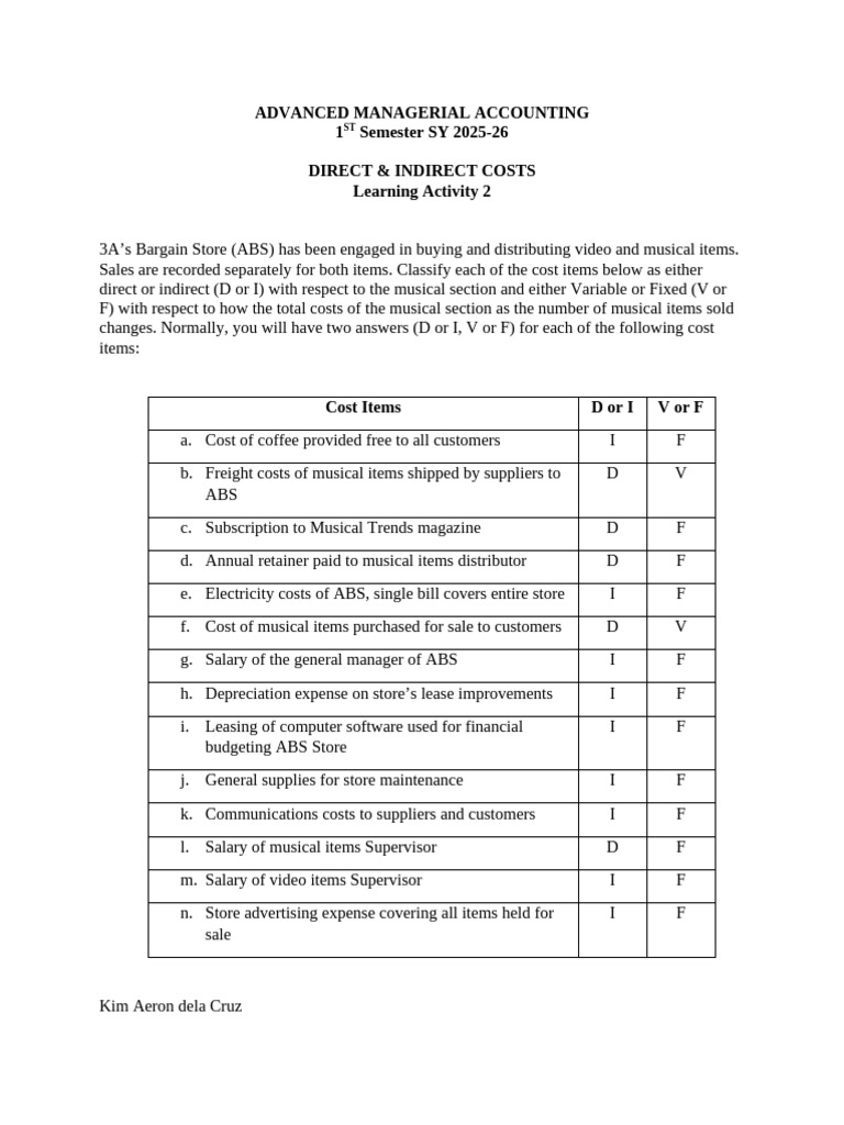 Learning Activity 2 - Direct Vs Indirect Costs | PDF