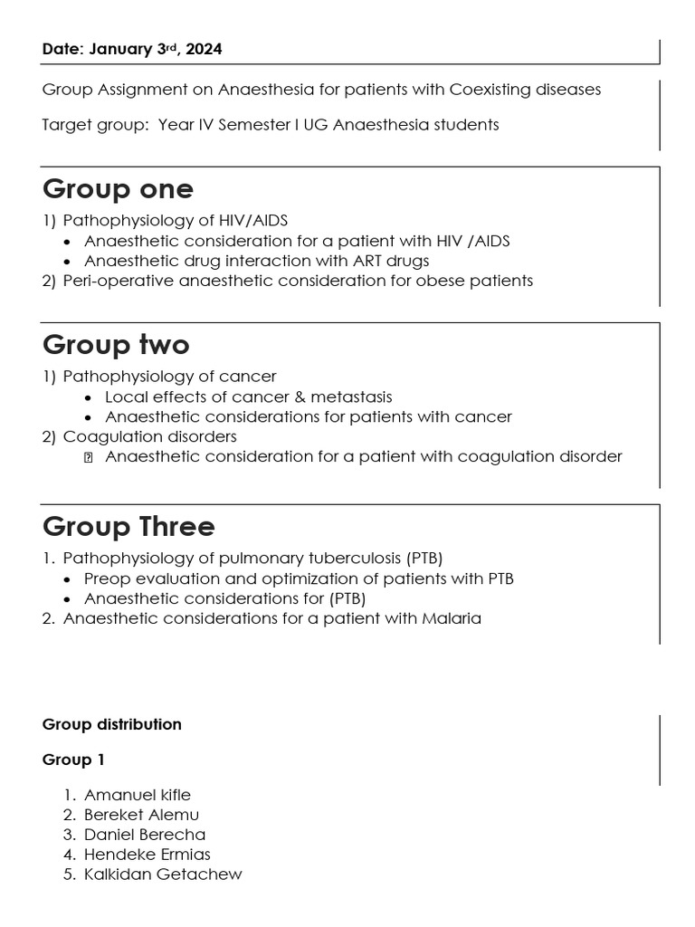 Group Assignment On Anesthesia For Patients With Coexisting | PDF