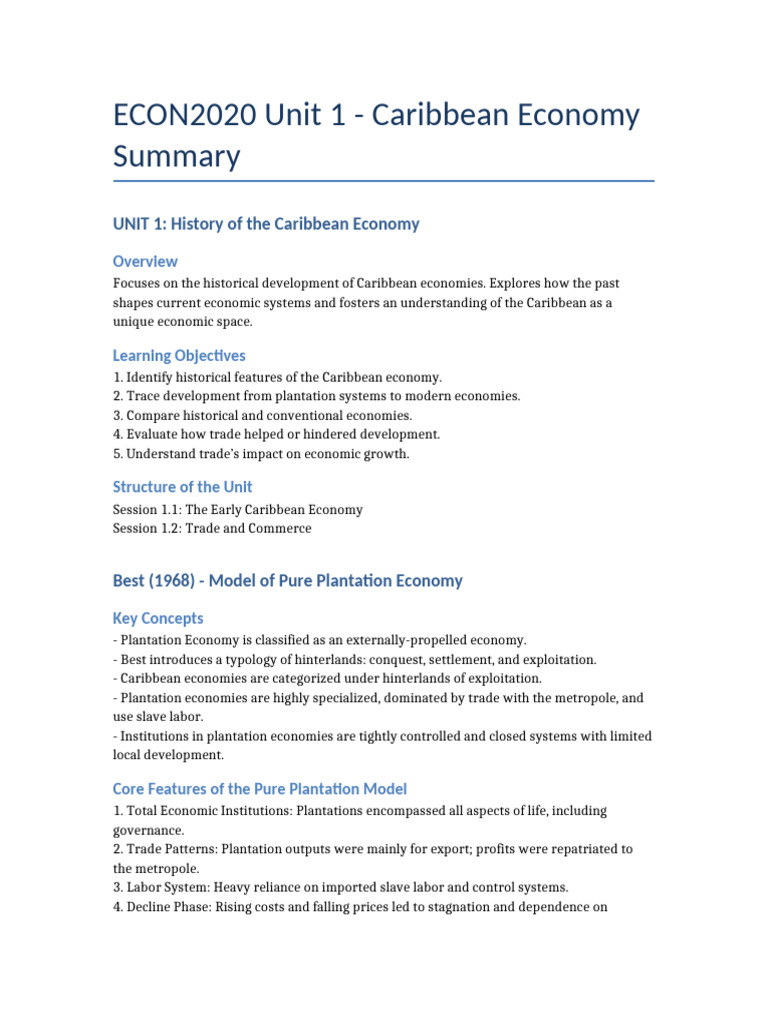 ECON2020 Caribbean Economy Expanded Summary | PDF | Plantation | Labour ...