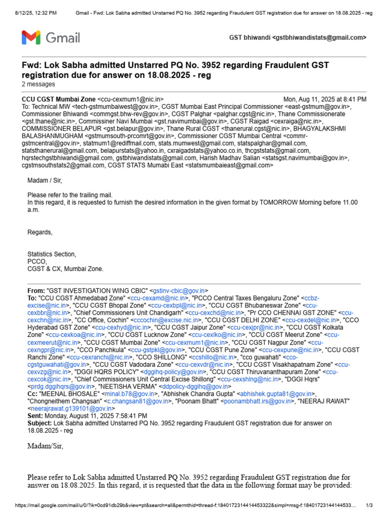 Gmail - FWD - Lok Sabha Admitted Unstarred PQ No. 3952 Regarding ...