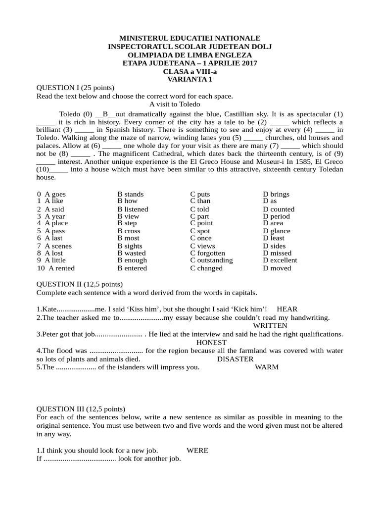 English Olympiad Exam for 8th Grade | PDF | Chess Theory | Chess