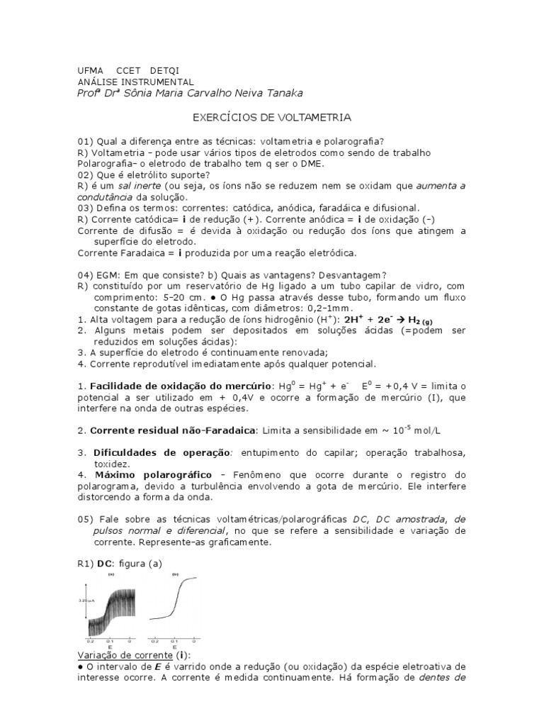 EXERCÍCIOs de Voltametria-Com Respostas | PDF | Corrente elétrica | Solução