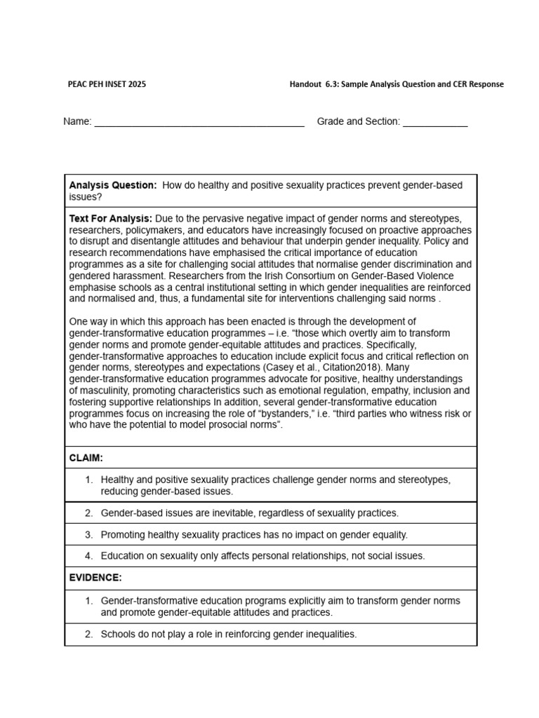 6.3 - Sample CER Analysis Question and Responses | PDF | Gender Studies ...