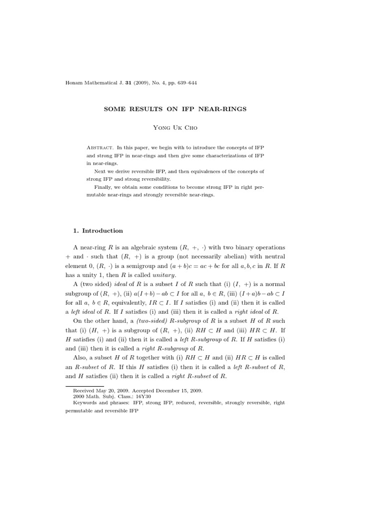 IFP and Strong IFP in Near-Rings | PDF | Ring (Mathematics ...