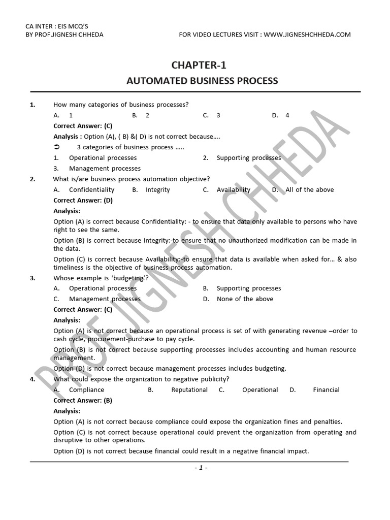 CA Inter EIS MCQs by Prof. Jignesh Chheda | PDF | Internal Control ...