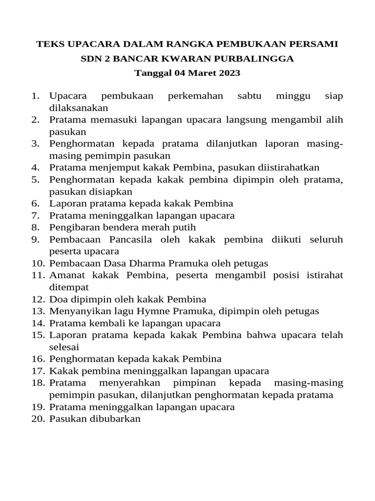 Upacara Pembukaan Persami SDN 2 Bancar | PDF