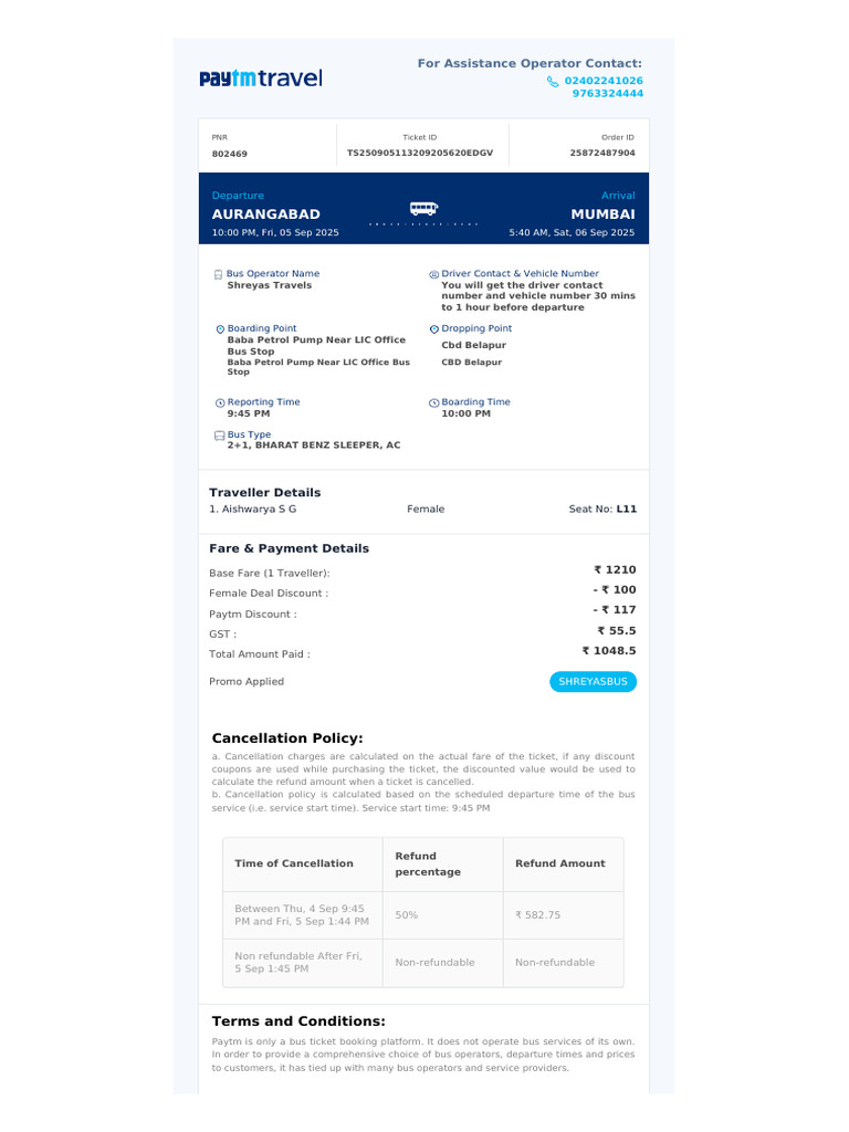 Shreyas Travels Aurangabad to Mumbai | PDF | Identity Document | Bus