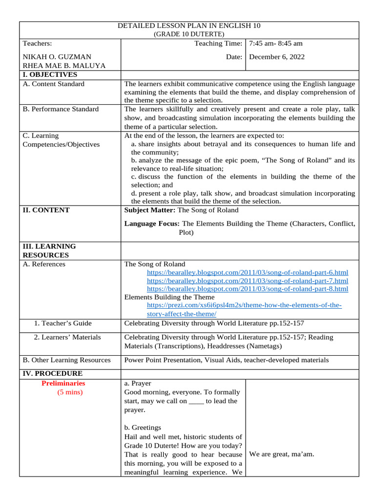 Grade 10 English Lesson Plan: Betrayal | PDF