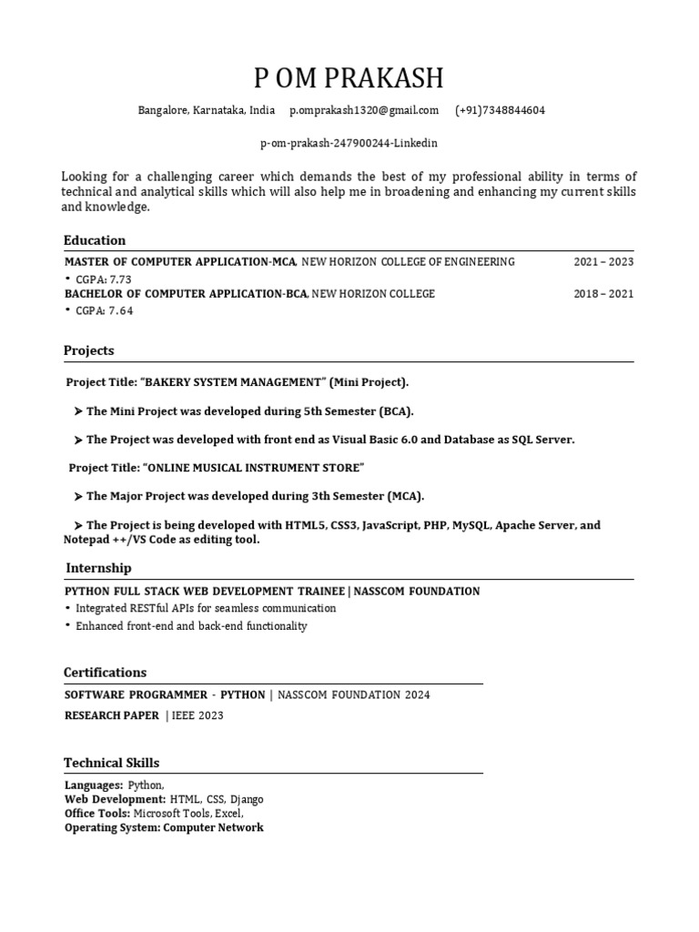 P Om Prakash Resume | PDF