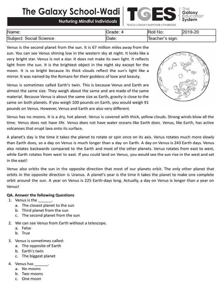 Grade 4 Space and Beyond Venus Worksheet | PDF | Venus | Planets