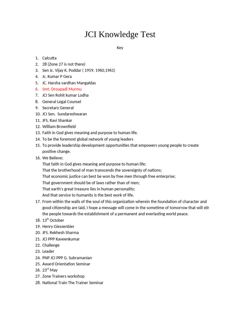 Answers - JCI Knowledge Test | PDF
