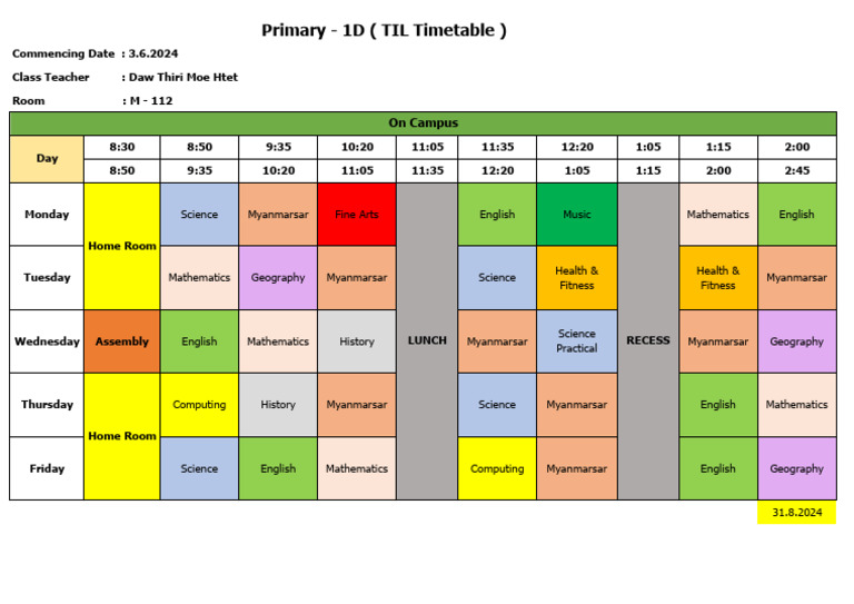 Primary 1D Class Timetable (2024-2025) W.E.F 3.9 | PDF