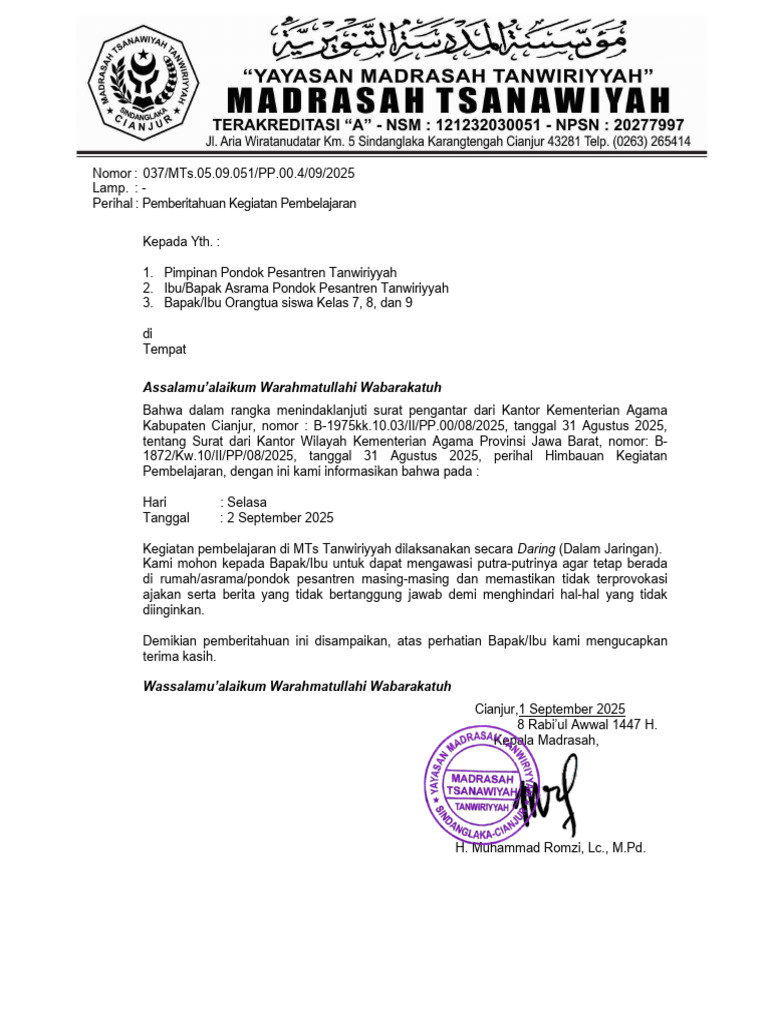 Surat Pemberitahuan KBM Daring | PDF