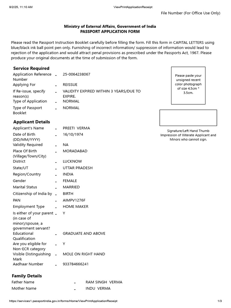 Passport Reissue Application Form | PDF | Passport | Government And ...