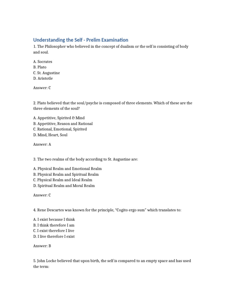 Understanding The Self Prelim Exam Complete | PDF | Philosophy Of Self ...
