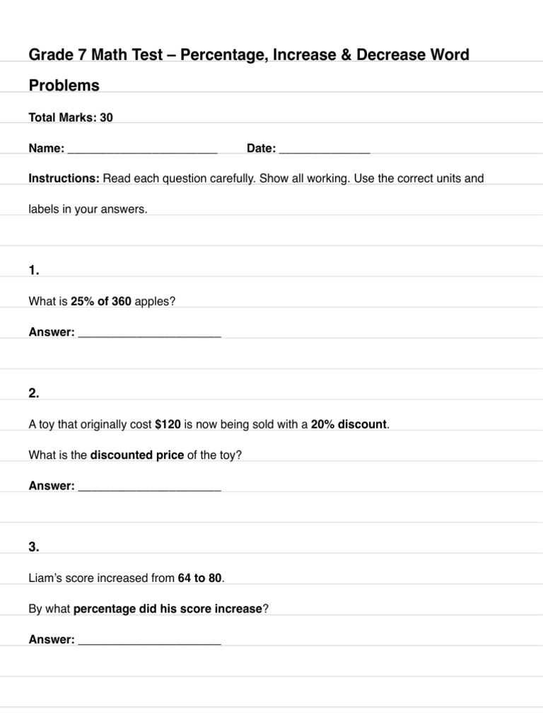Grade 7 Math Test: Percentages & Problems | PDF