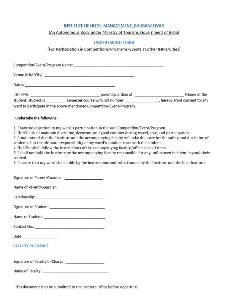 Undertaking Form IHM Bhubaneswar | PDF