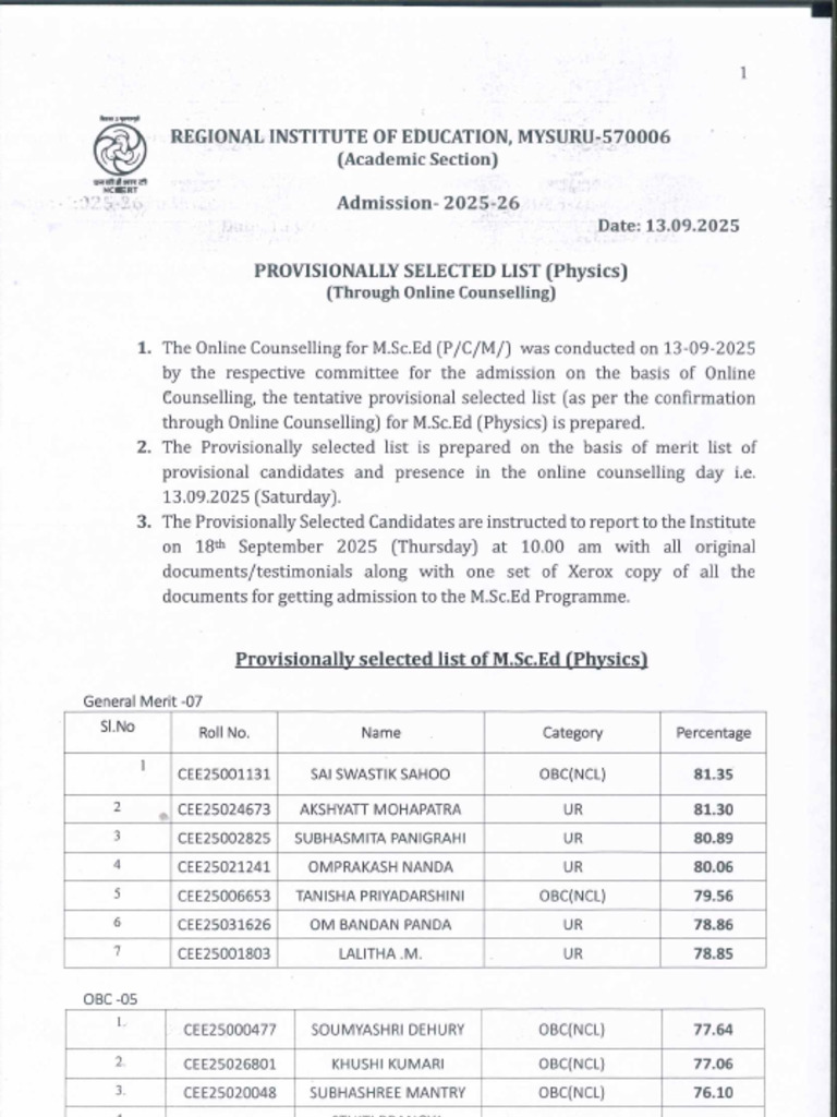 RIE MYSORE Physics List | PDF