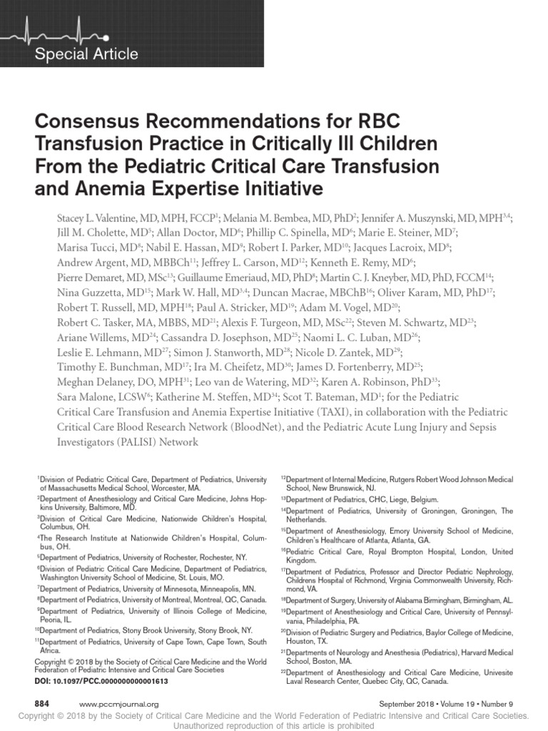 TAXI Consensus RBC Transfusion PCCM 2018.13 | PDF | Red Blood Cell ...