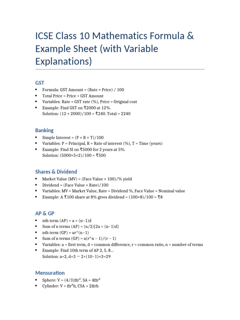 Class 10 Math Formulas & Examples | PDF | Trigonometry | Algebra