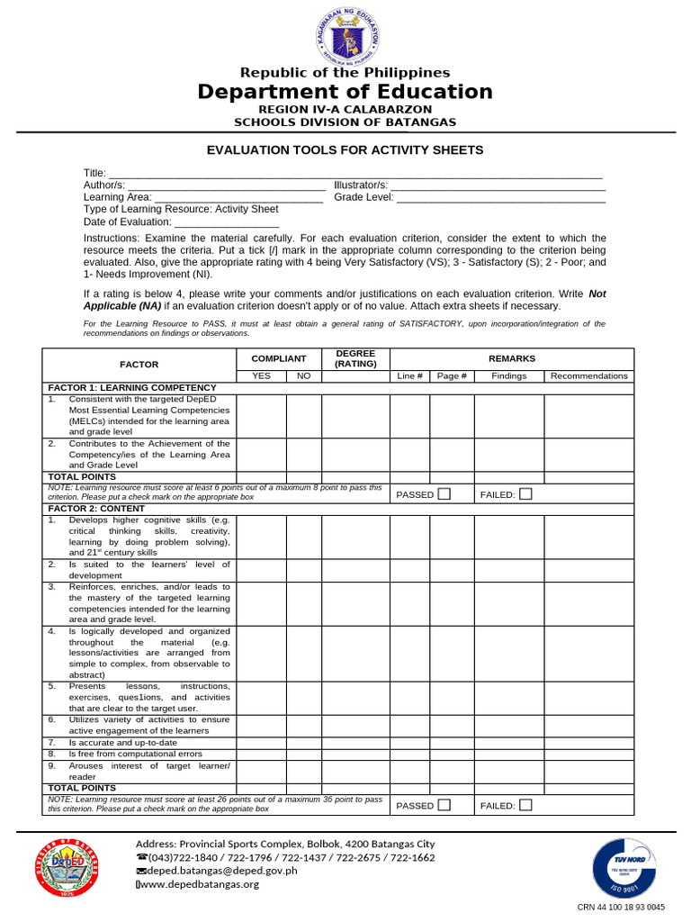 Learning Activity Sheet Evaluation Tool | PDF | Learning | Evaluation