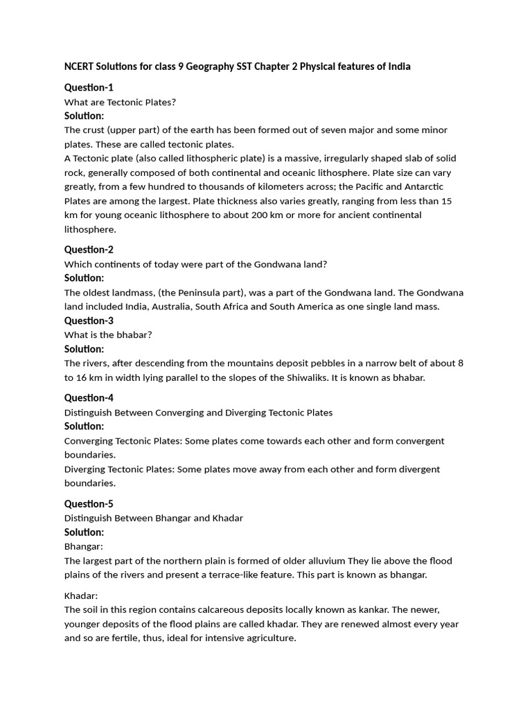 NCERT Solutions For Class 9 Geography SST Chapter 2 Physical Features of India | PDF | Plate ...