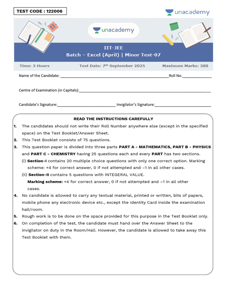 IIT-JEE Minor Test 06 - Math, Physics, Chemistry | PDF | Inductor ...