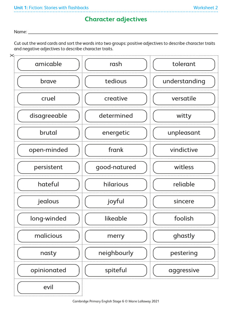Worksheet 2 - Character Adjectives | PDF