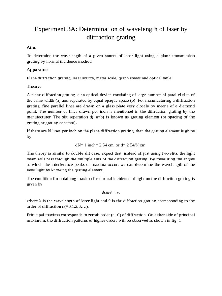 3A. Wavelength of Laser Uisng Diffraction Grating | PDF | Diffraction | Wavelength