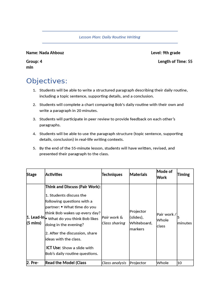 Daily Routine Writing Lesson Plan | PDF | Lesson Plan | Cognition