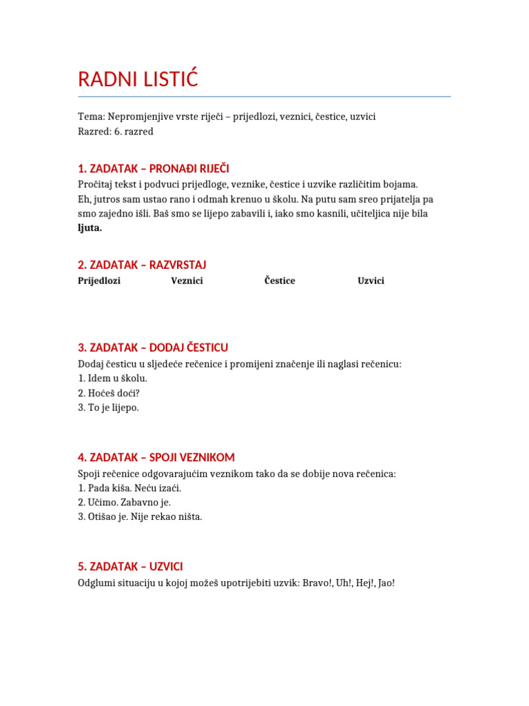 Radni Listic Prijedlozi Veznici Cestice Uzvici - Kopija | PDF