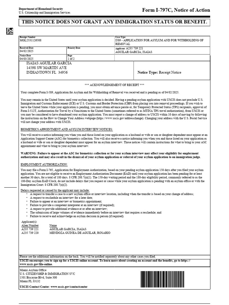 Uscis Form I 797c Receipt Notice Pdf United States Citizenship And