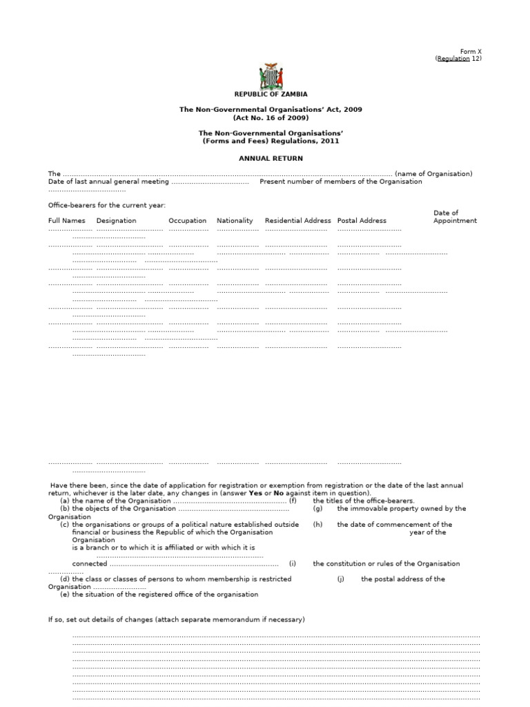 Annual Return Form for NGOs in Zambia | PDF | Government | Justice