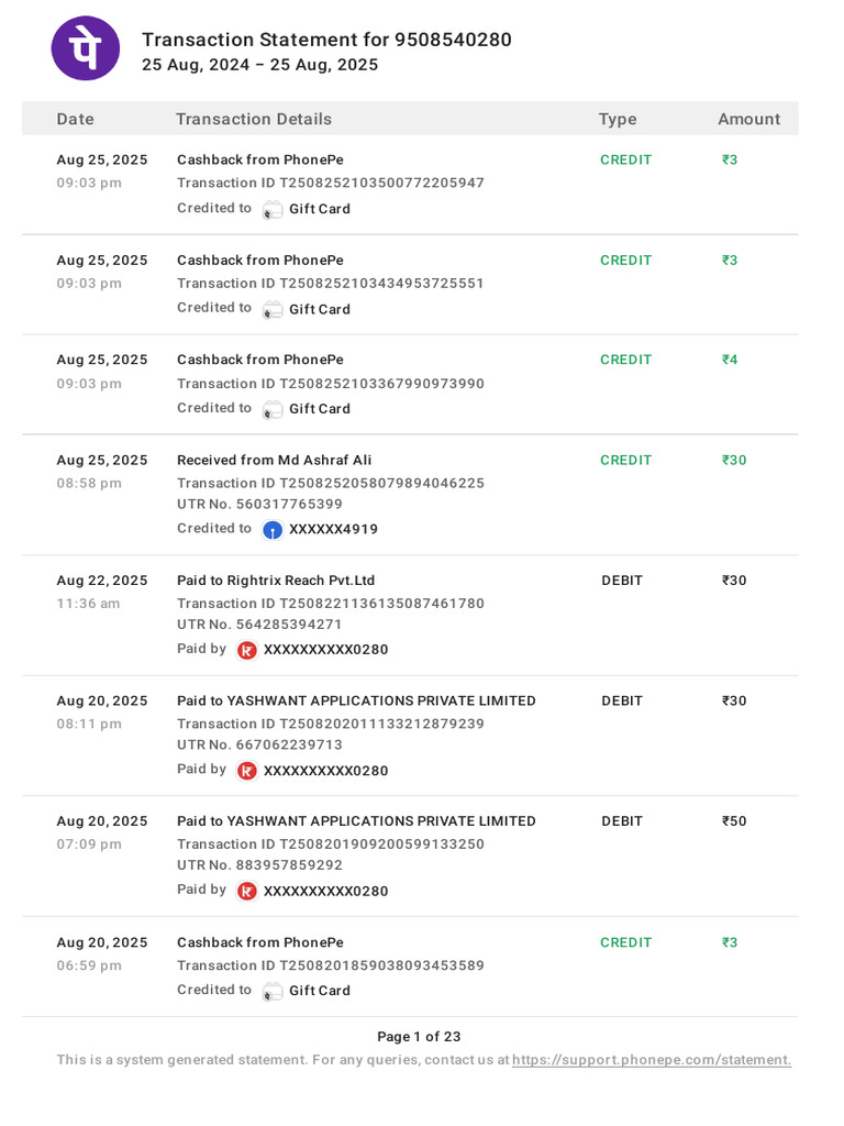PhonePe Transaction Statement 2024-2025 | PDF | Credit Card | Debit Card