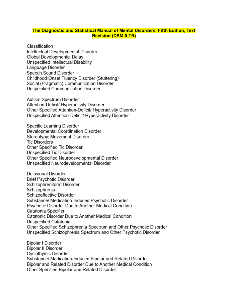 DSM-5-TR Disorders Overview | PDF | Mental Disorder | Personality Disorder