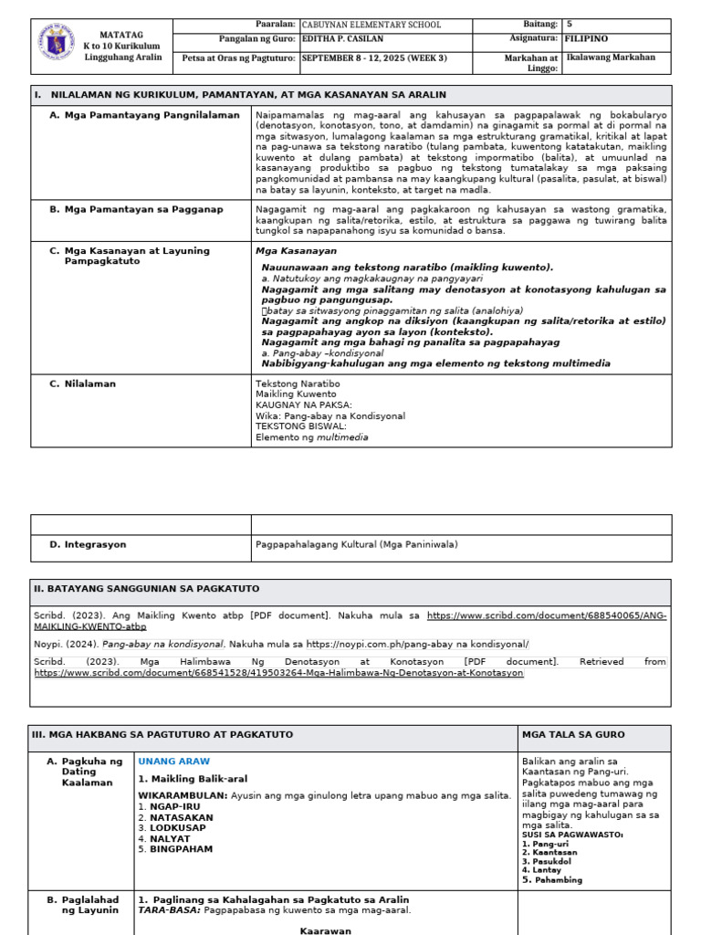 Filipino Matatag DLL 5 - q2 - w3 | PDF