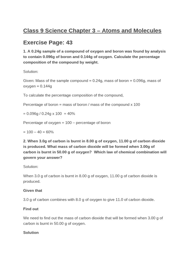 Class 9 Science: Atoms & Molecules Guide | PDF | Mole (Unit) | Molecules