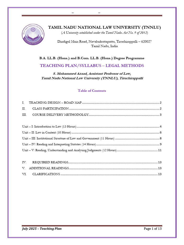TNNLU 1st Year Legal Methods Syllabus | PDF | Justice | Crime & Violence