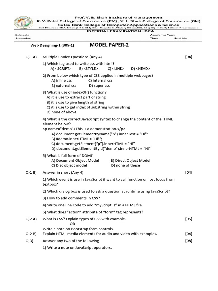Web Design Model Paper Questions | PDF