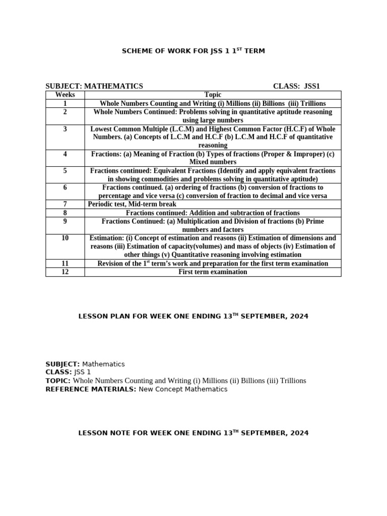 JSS1 Mathematics Scheme of Work Term 1 | PDF | Mathematics | Discrete ...