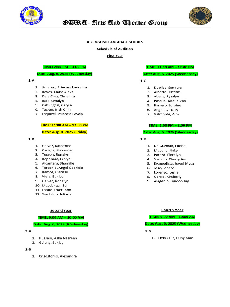 Gapan City College Audition Schedule 2025 | PDF