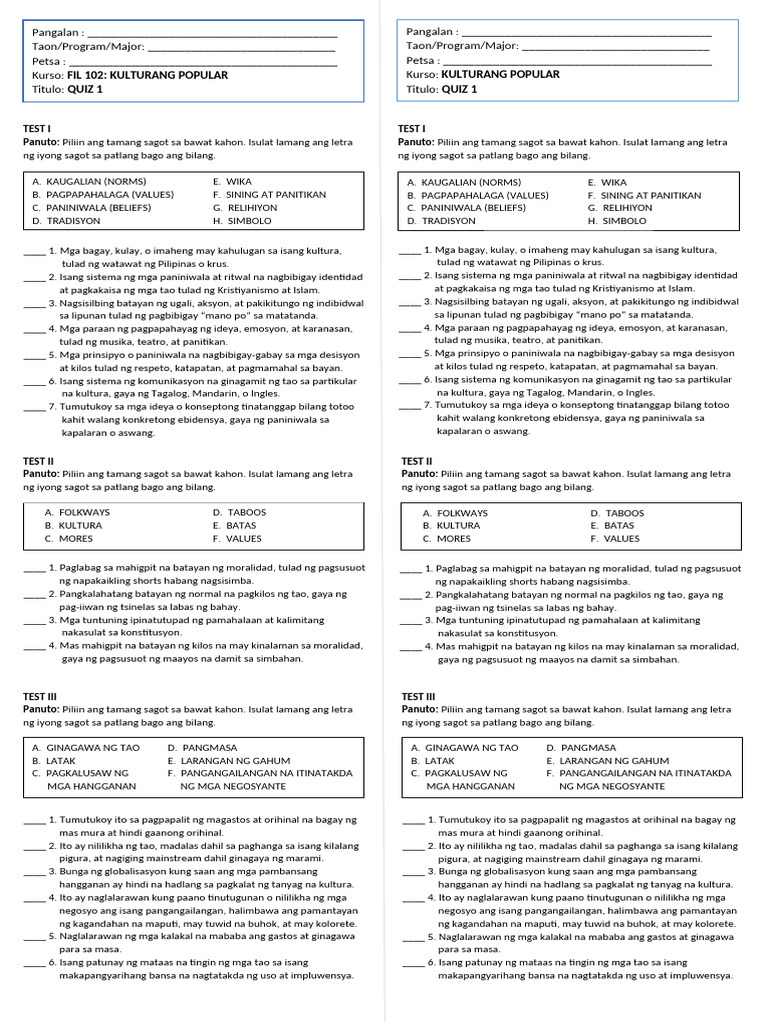 Quiz 1 Kulturang Popular | PDF
