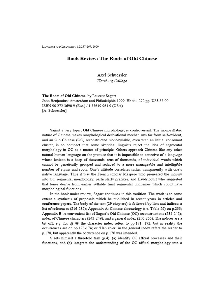 Book Review: The Roots of Old Chinese | PDF | Chinese Language | Syllable