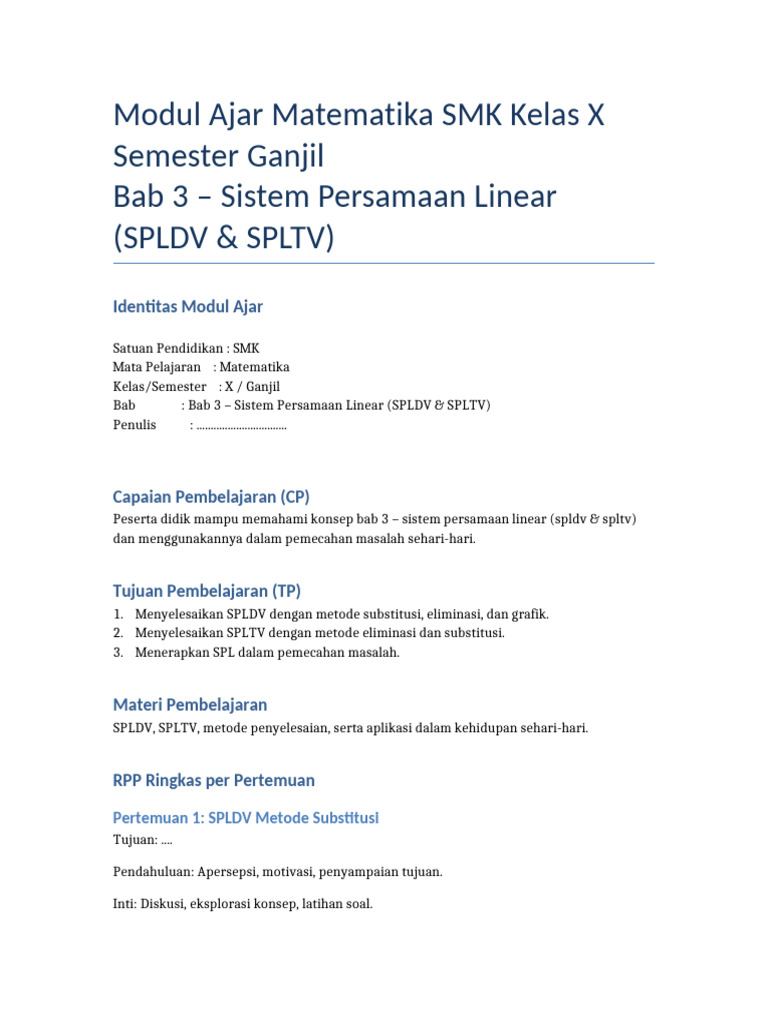 Modul SPL Matematika SMK Kelas X | PDF