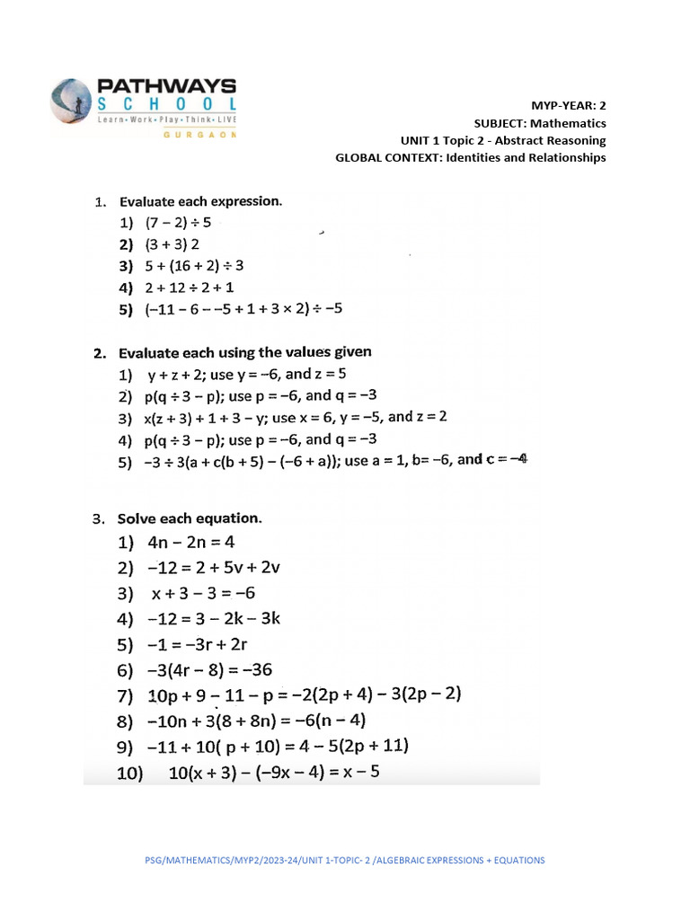 Algebraic Expressions + Equations | PDF