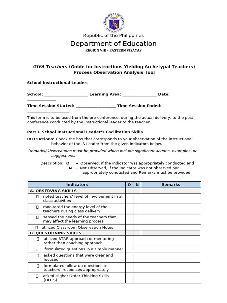 GIYA Process Observation Analysis Tool | PDF | Teachers | Learning